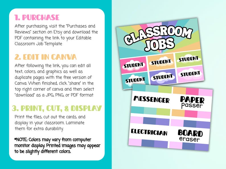 Editable Rainbow Classroom Job Display Canva Template - Etsy