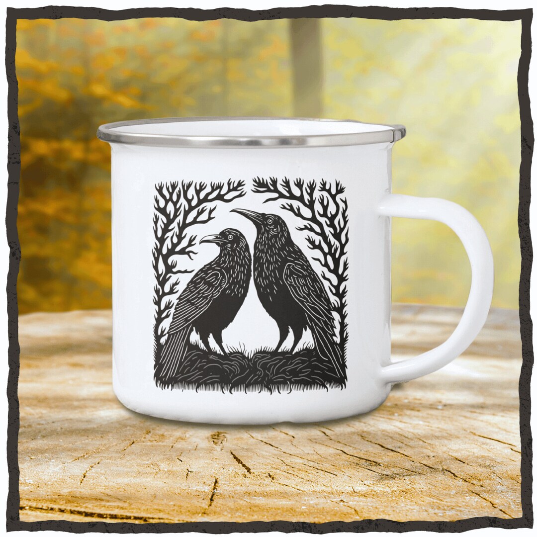 Linocut Raven Enamel Camp Mug Naturalism Crow Coffee Cup Cottage Core ...