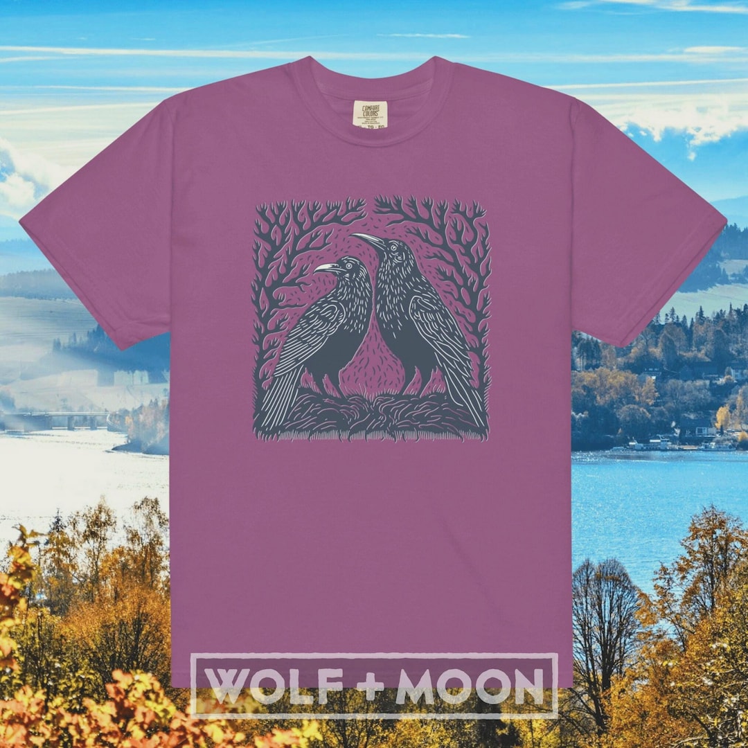 Raven Woodblock Print T Shirt Crow Nature Lover Tshirt Camping Gifts ...