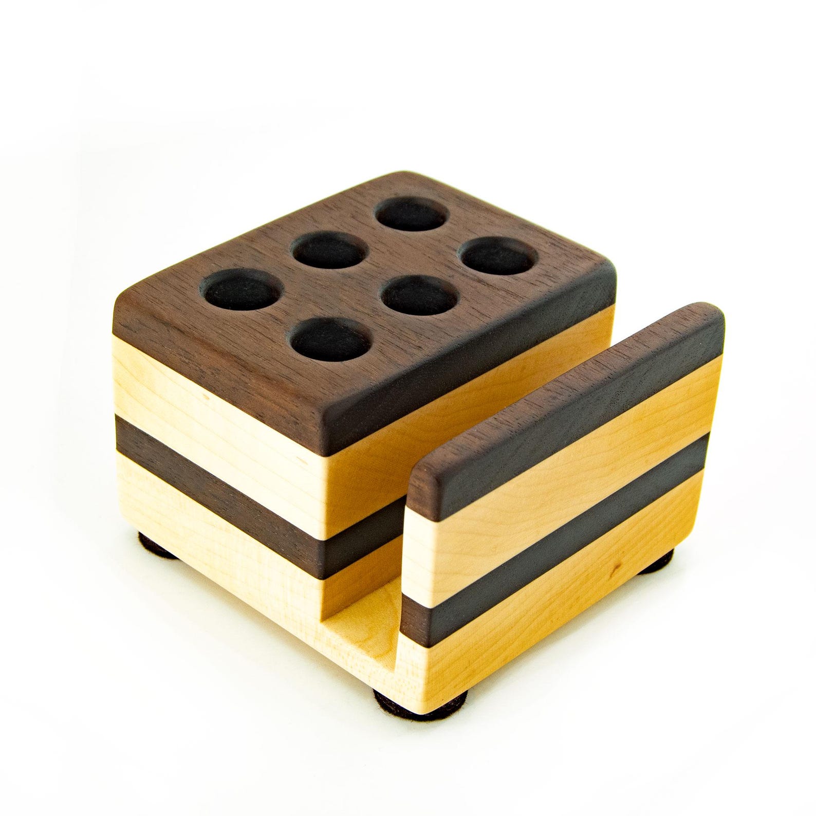 Wooden Block 6 Pen Holder Stand With Notebook Slot Walnut & Maple Wood ...