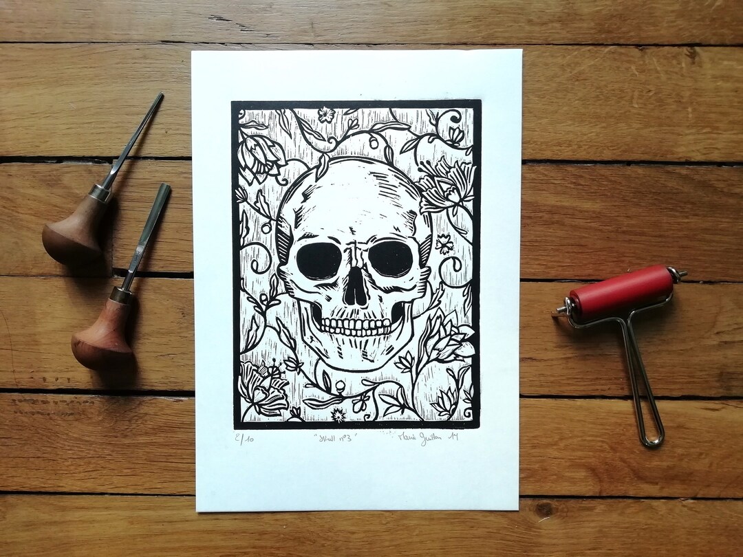 Linocut "skull N3", 21x29.7cm, Flowers, Illustration, Skull, Hand ...