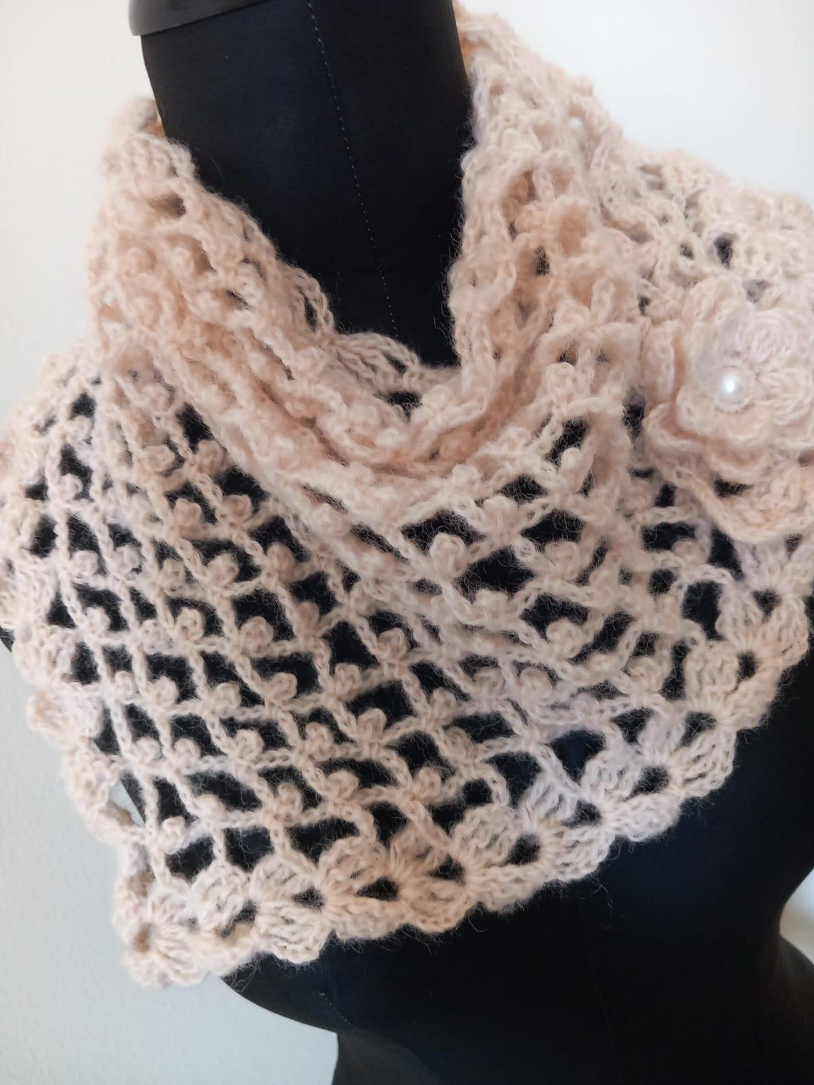 Small Triangular Shawl in Pure Cream-colored Wool, Handmade Crochet ...