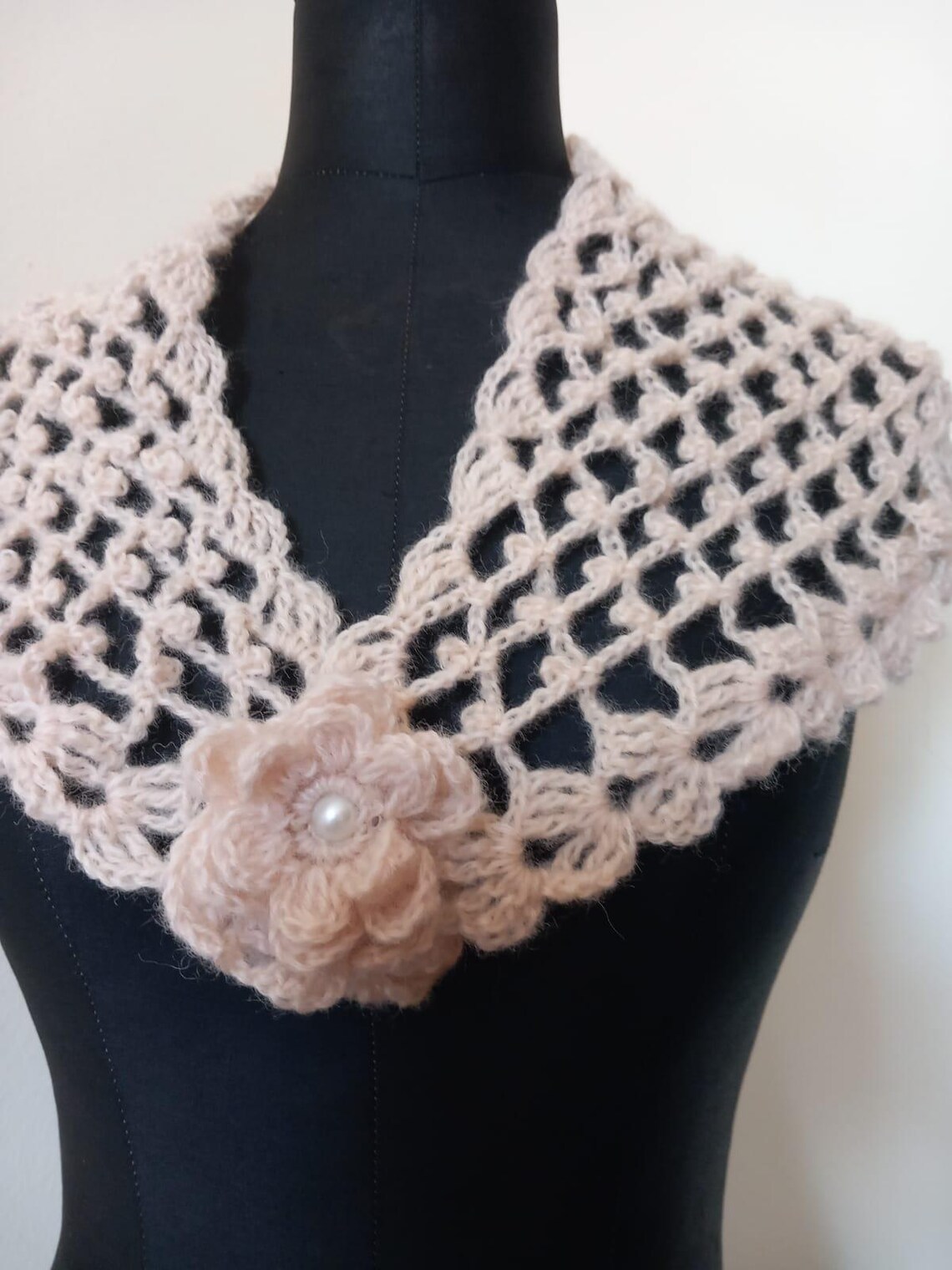 Small Triangular Shawl in Pure Cream-colored Wool, Handmade Crochet ...