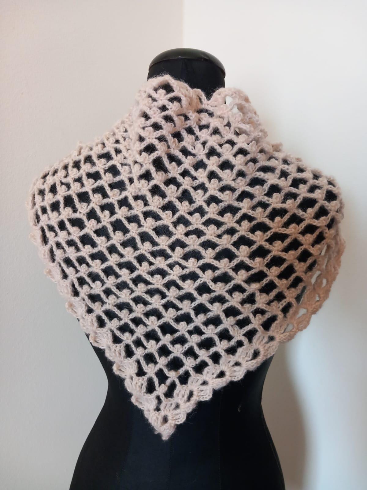 Small Triangular Shawl in Pure Cream-colored Wool, Handmade Crochet ...