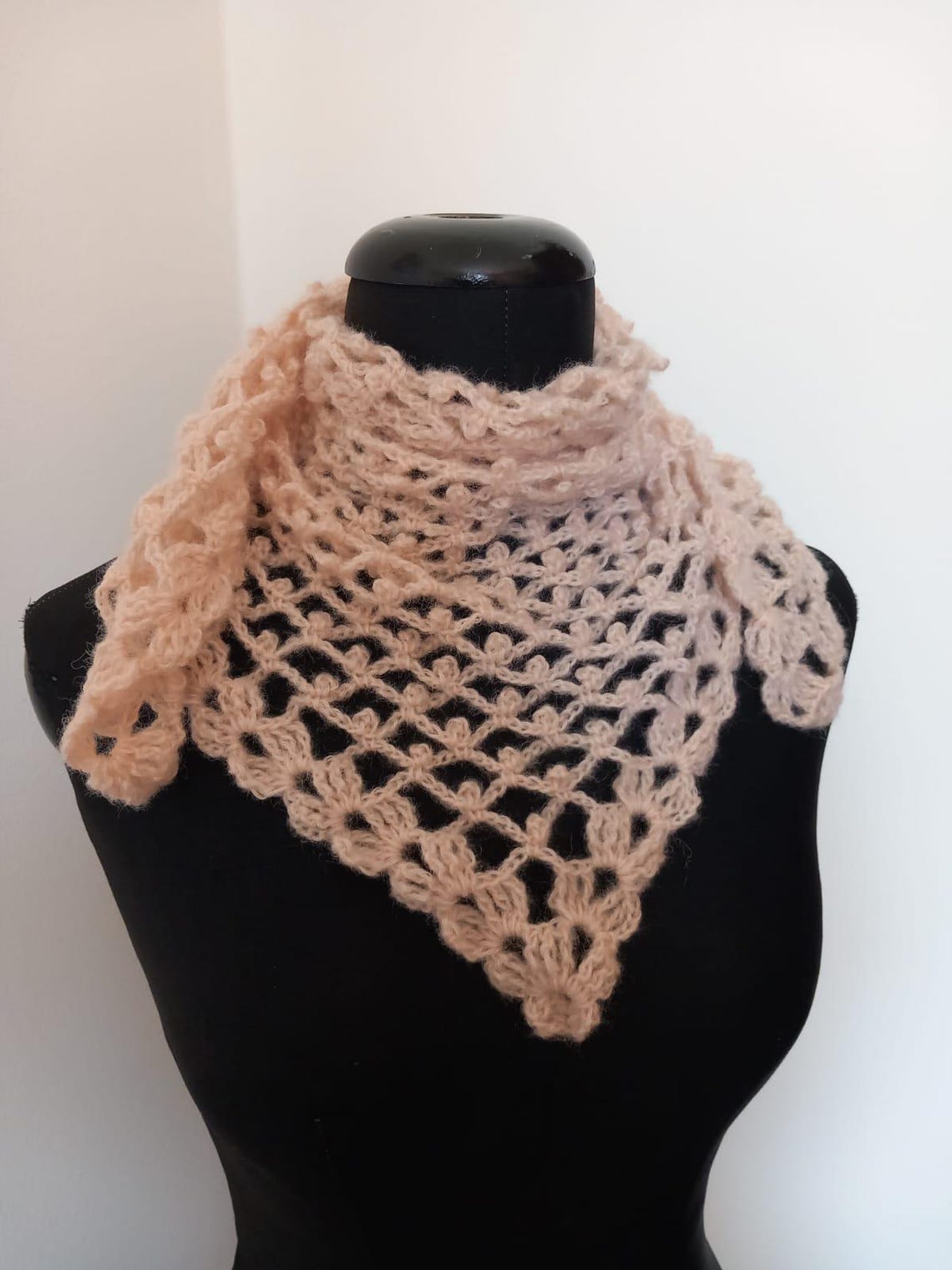 Small Triangular Shawl in Pure Cream-colored Wool, Handmade Crochet ...