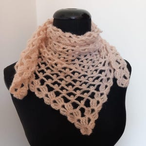 Small Triangular Shawl in Pure Cream-colored Wool, Handmade Crochet ...
