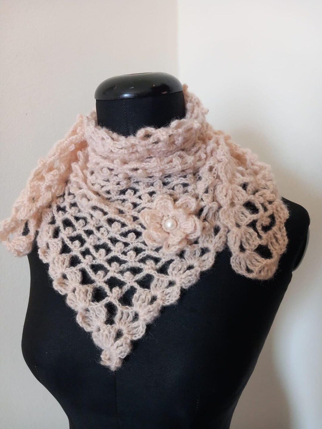Small Triangular Shawl in Pure Cream-colored Wool, Handmade Crochet ...