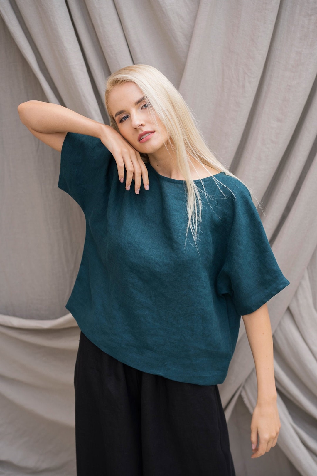 Linen Half Sleeve Blouse TYCHE / Basic Linen Top / Washed Linen Clothes ...