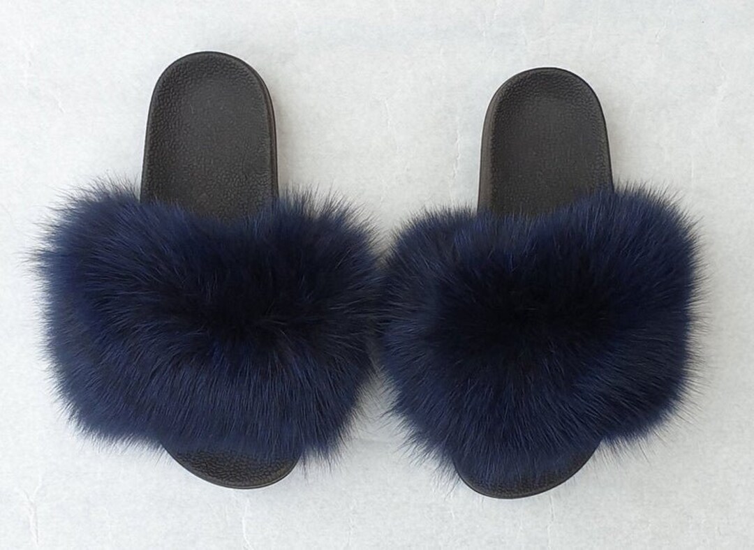 Fur Slides,fur Slippers, Fluffy Fur Shoes,fur Flip Flop,blue Fur Slides ...