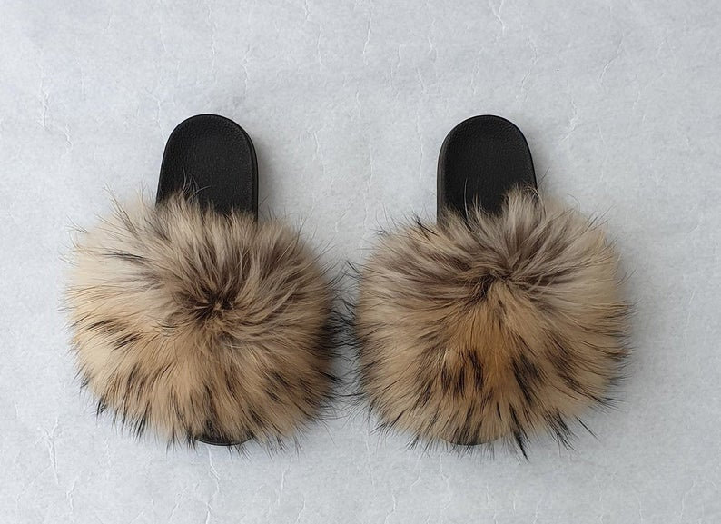 Fur Slides,fur Slippers,fur Shoes, Fin Raccoon Fur Slippers - Etsy