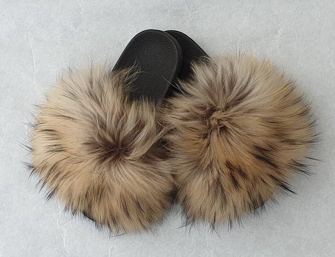 Fur Slides,fur Slippers,fur Shoes, Fin Raccoon Fur Slippers - Etsy