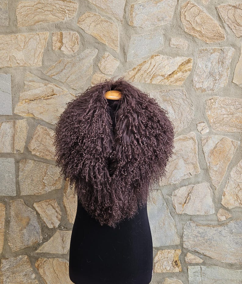 Long Mongolian Fur Collar: Handmade Brown Lamb Fur Scarf - Etsy