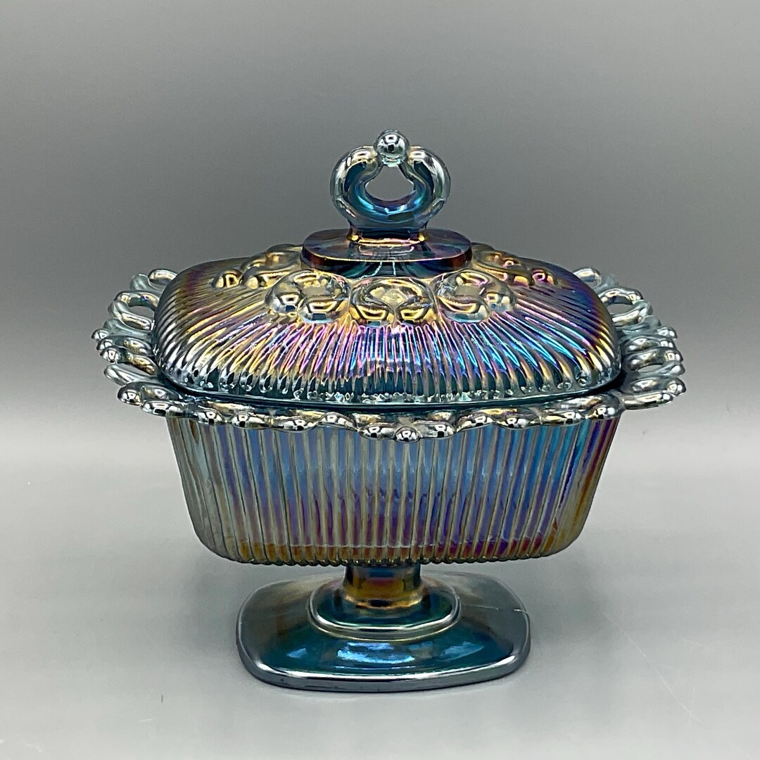 Indiana Glass Blue Carnival Glass Lace Edge Footed Candy Dish - Etsy