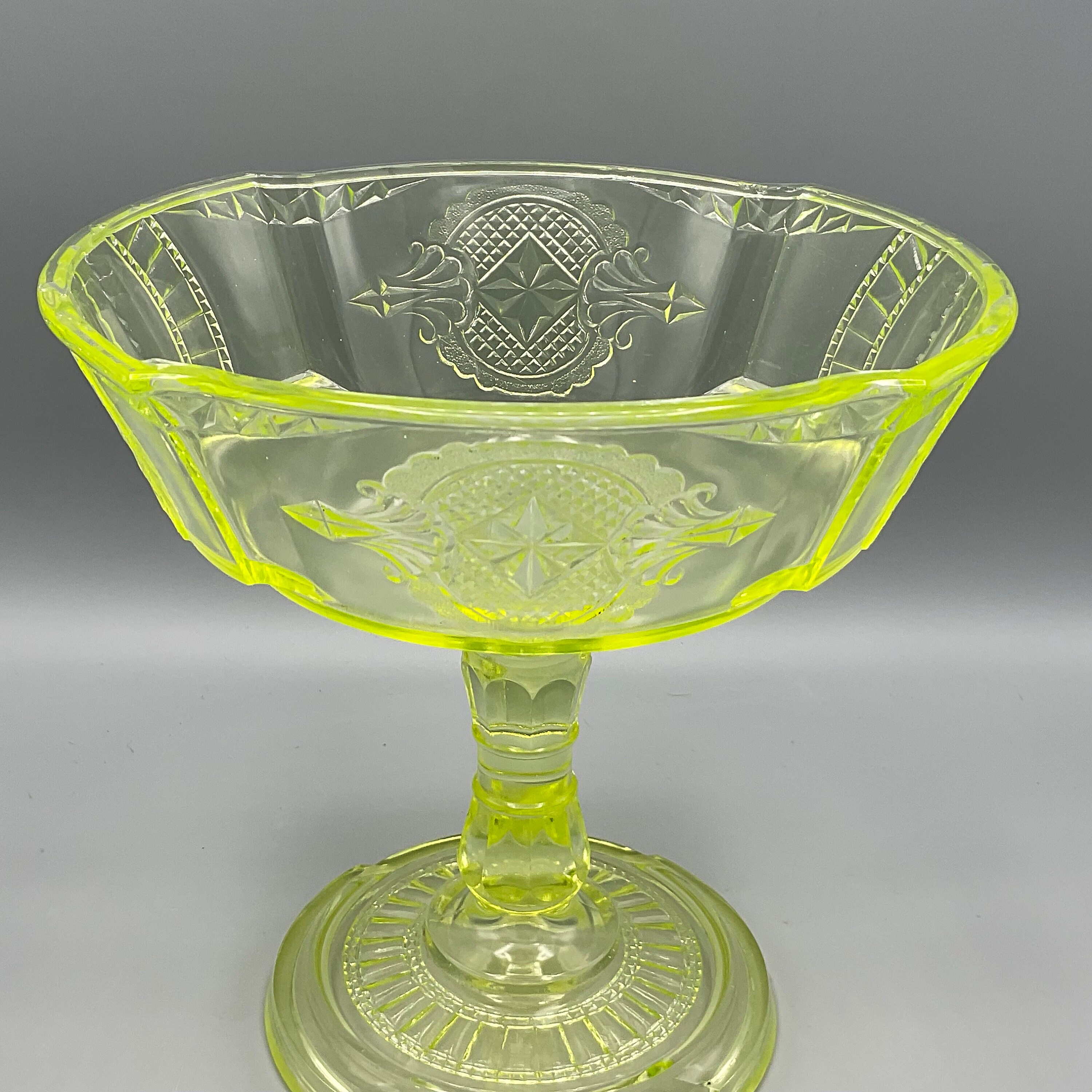 Vaseline Glass EAPG Open Medallion Footed Compote - Etsy