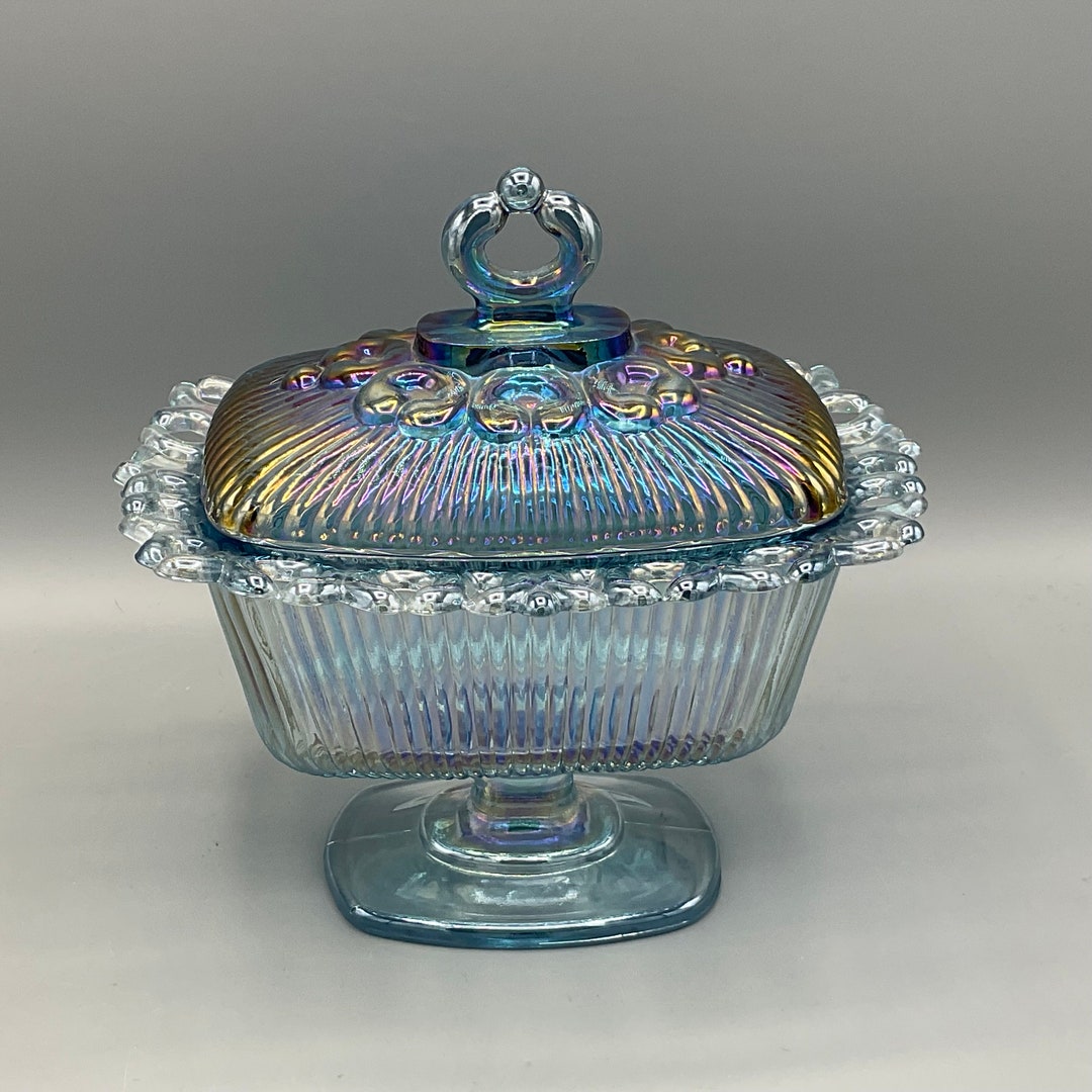 Indiana Glass Blue Carnival Glass Lace Edge Footed Candy Dish - Etsy