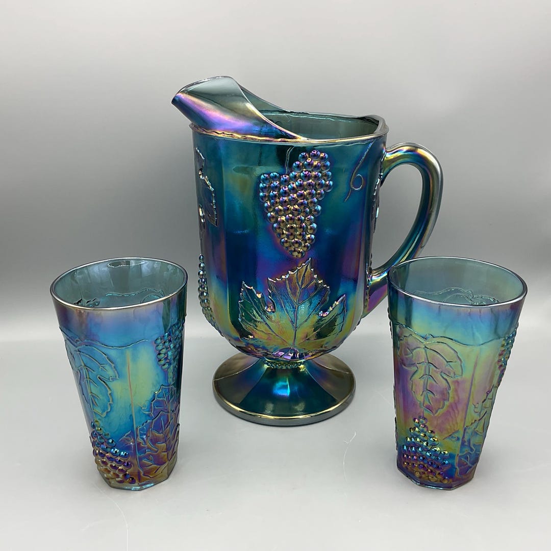 Indiana Glass Blue Carnival Glass Pitcher & Two Glasses - Etsy