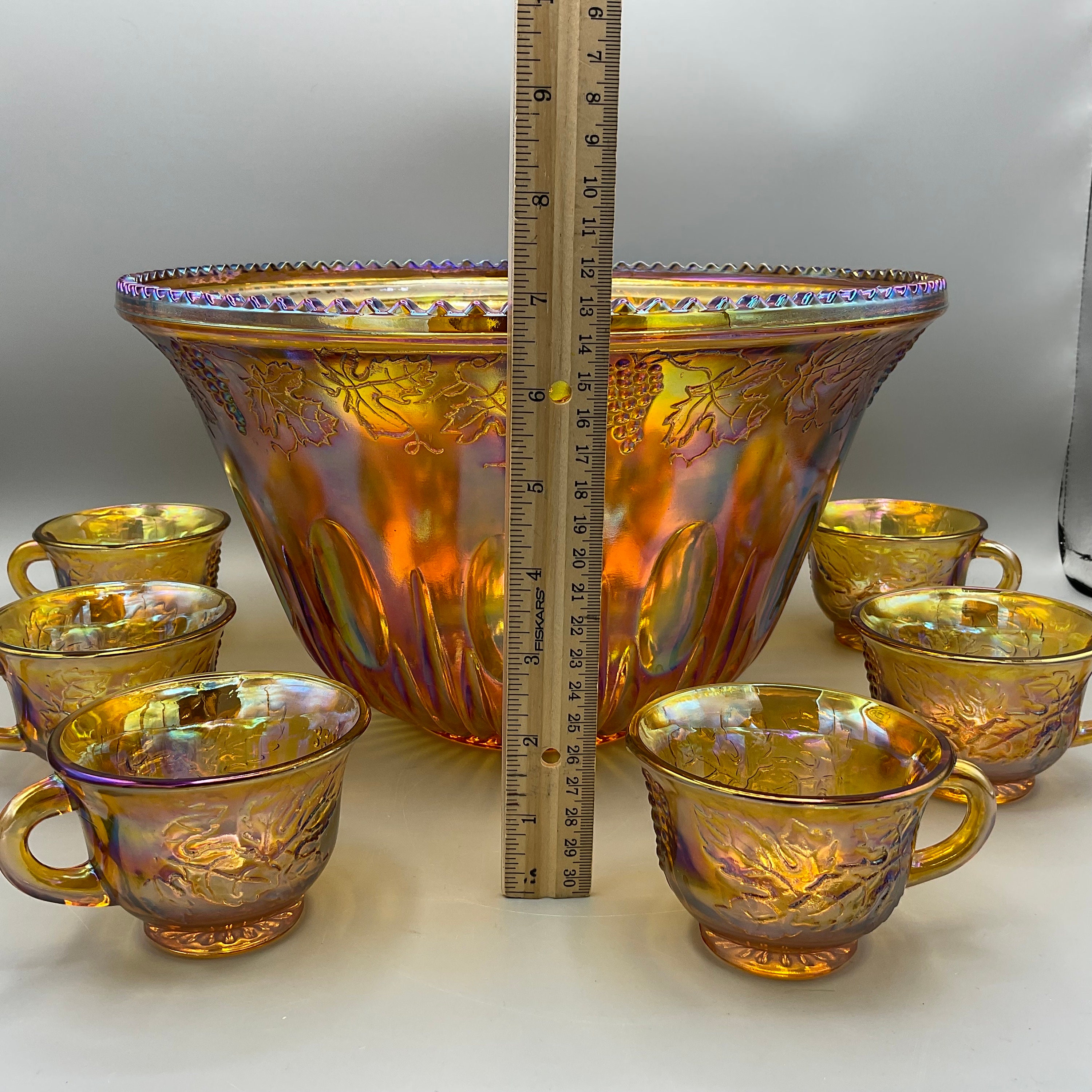 Marigold Carnival Glass Punch Bowl Set With 6 Cups - Etsy