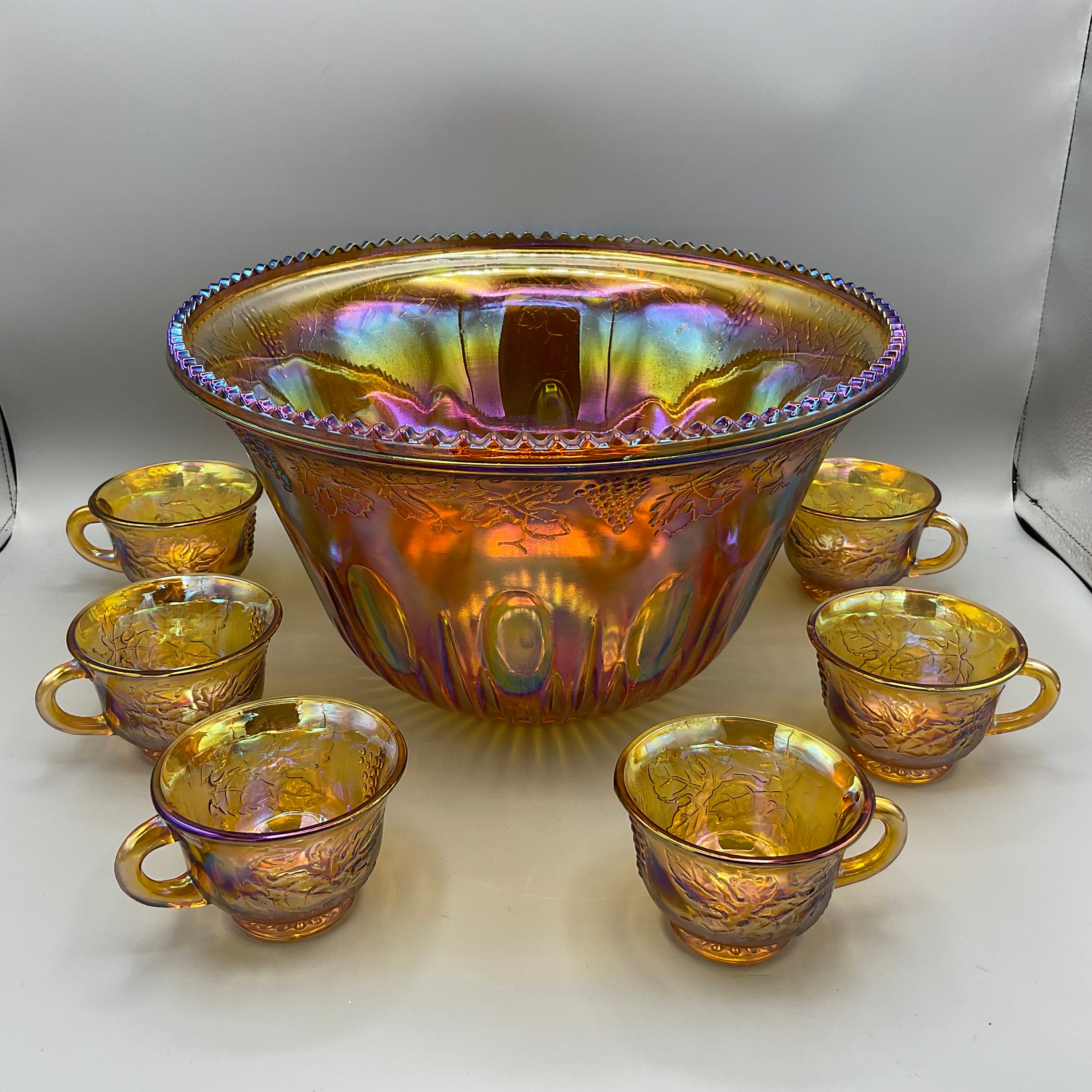 Marigold Carnival Glass Punch Bowl Set With 6 Cups - Etsy