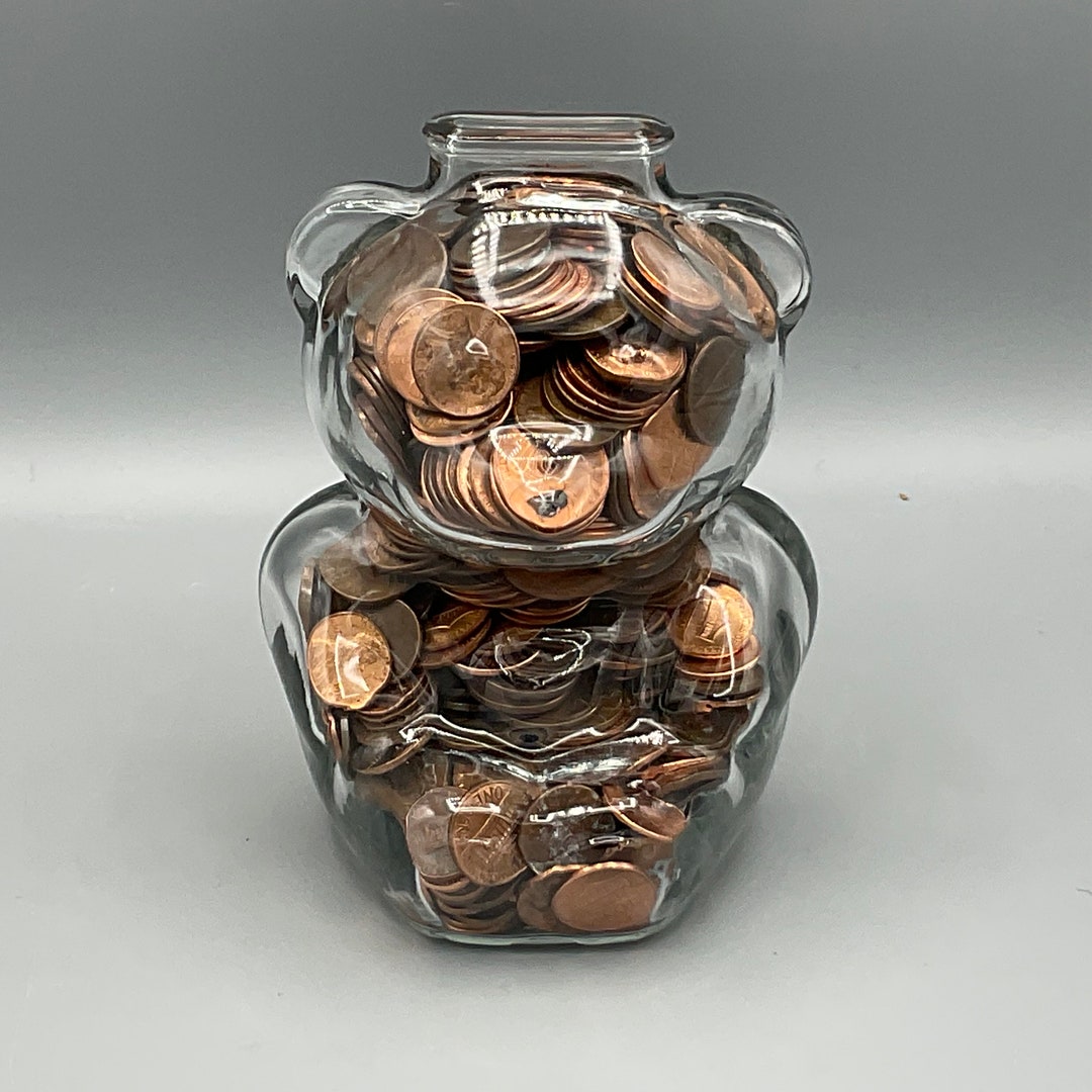 Anchor Hocking Teddy Bear Penny Bank Full of Pennies - Etsy