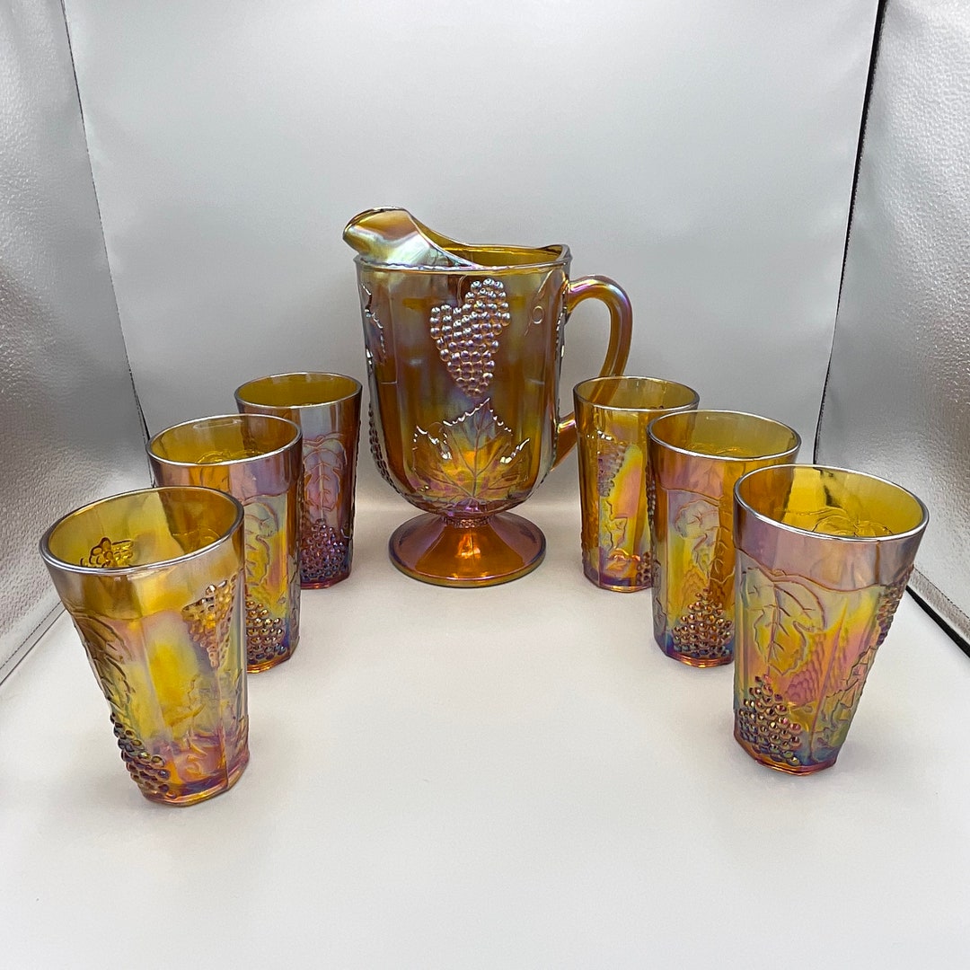 Indiana Glass Marigold Carnival Glass Pitcher and 6 Tumblers - Etsy