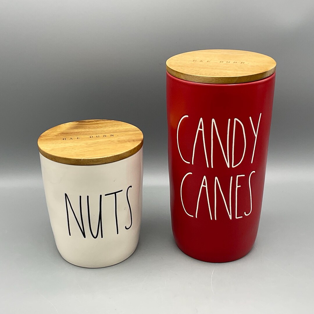 Rae Dunn Red “candy Canes” and “nuts” Canisters With Wooden Lids—set of ...