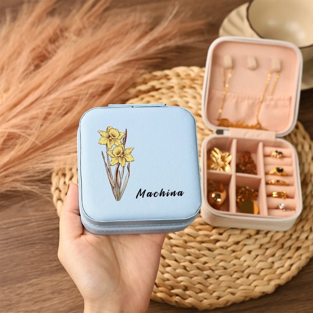 Custom Birthday Flower Name Jewelry Box, Square Jewelry Box, Cute ...