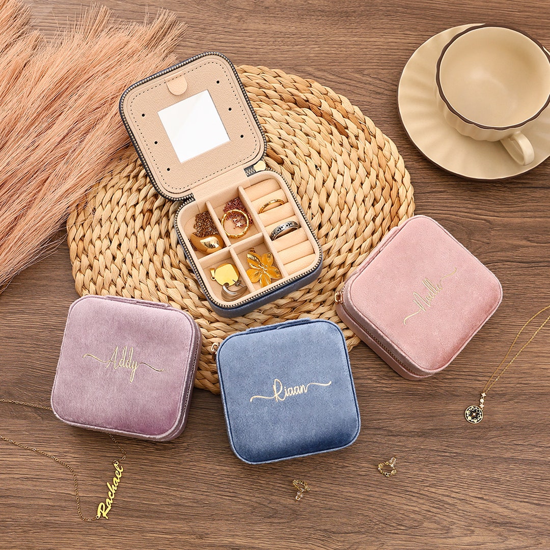 Personalized Pink Velvet Jewelry Box , Custom Square Jewelry Box ...