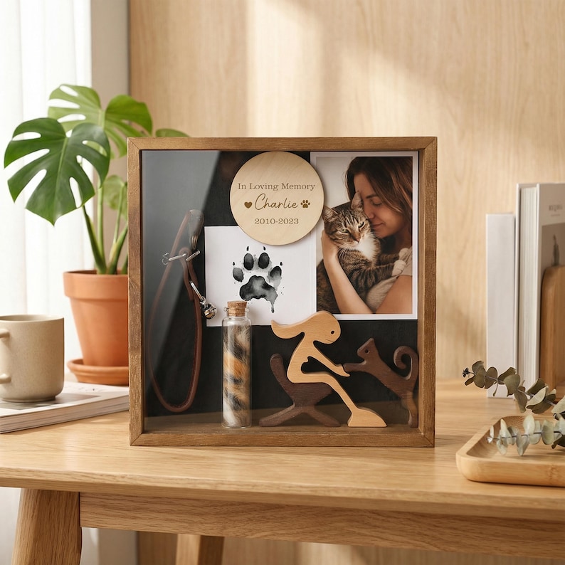 Custom Pet Memorial Shadow Box With Collar Hook - Engraved Dog Cat ...
