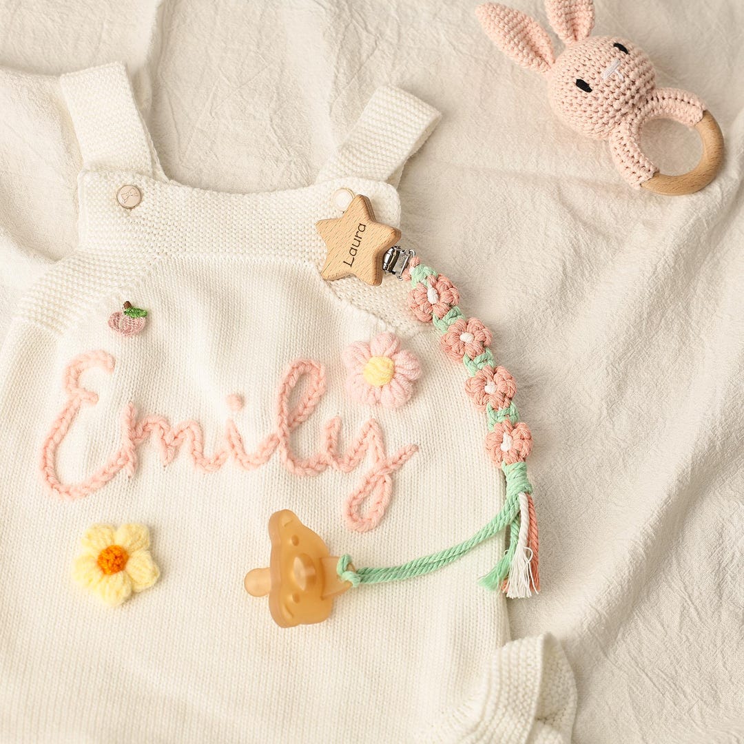 Personalized Baby Dummy Clip With Flower Crochet Pattern, Engrave Name ...