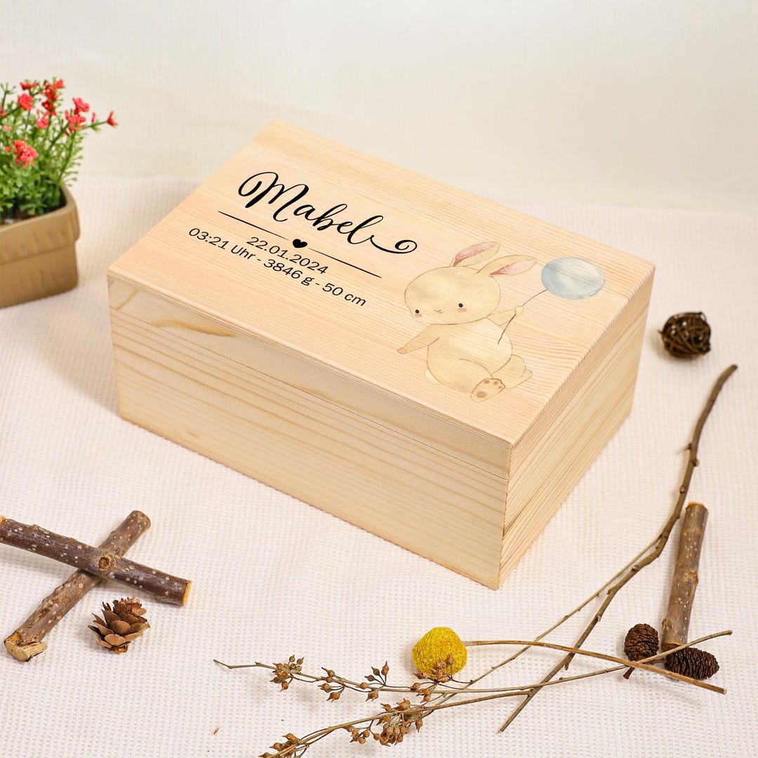 Cute Bunny Pattern Custom Birth Memory Box, Baby Wooden Keepsake Box ...