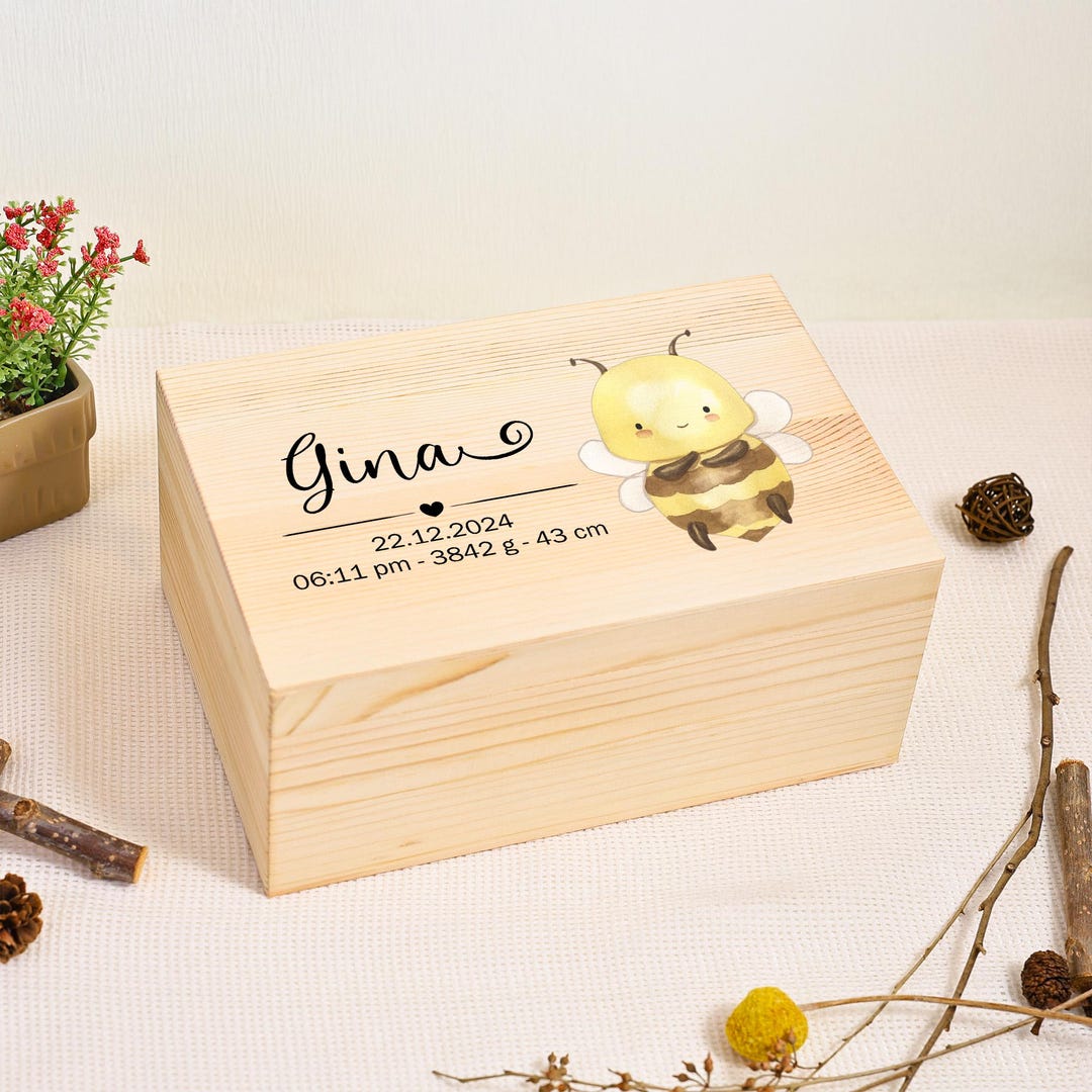 Cute Bee Pattern Custom Birth Memory Box, Baby Wooden Keepsake Box ...
