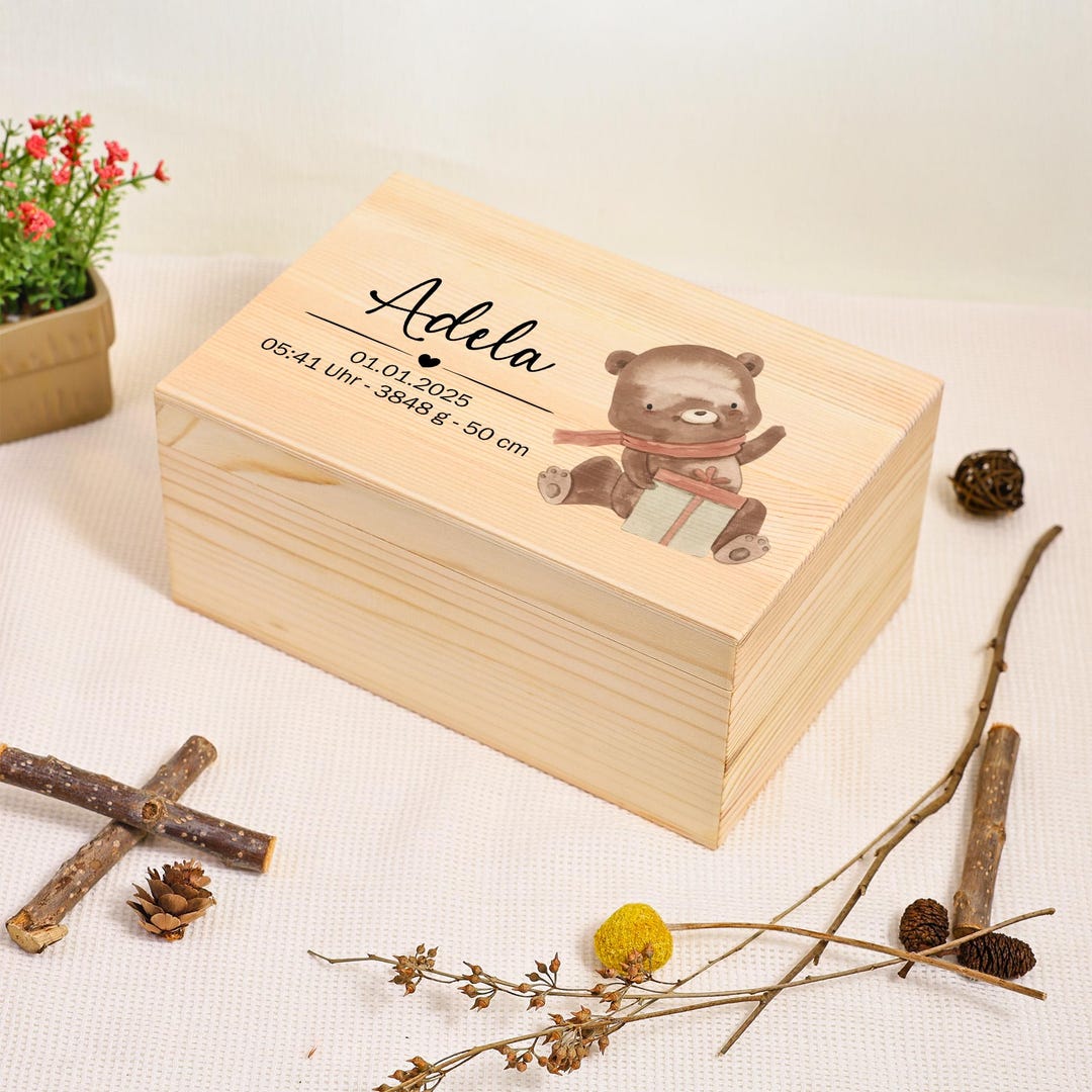 Custom Birth Memory Box, Happy Baby Bear Pattern, Baby Wooden Keepsake ...