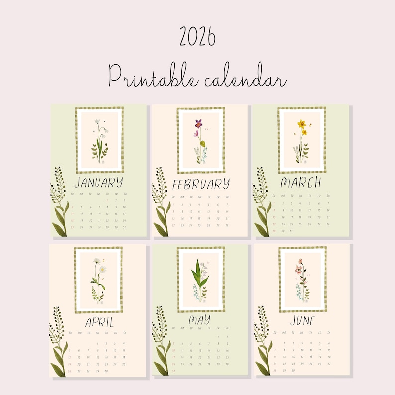 Botanical Wall Calendar Birth Flower Watercolor Illustration Art Print ...