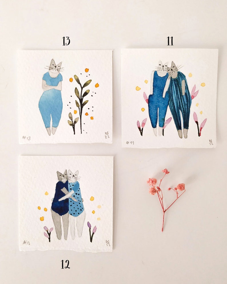Original Watercolor Tiny Cat Painting, Cat Miniature, Minimalist Cat ...