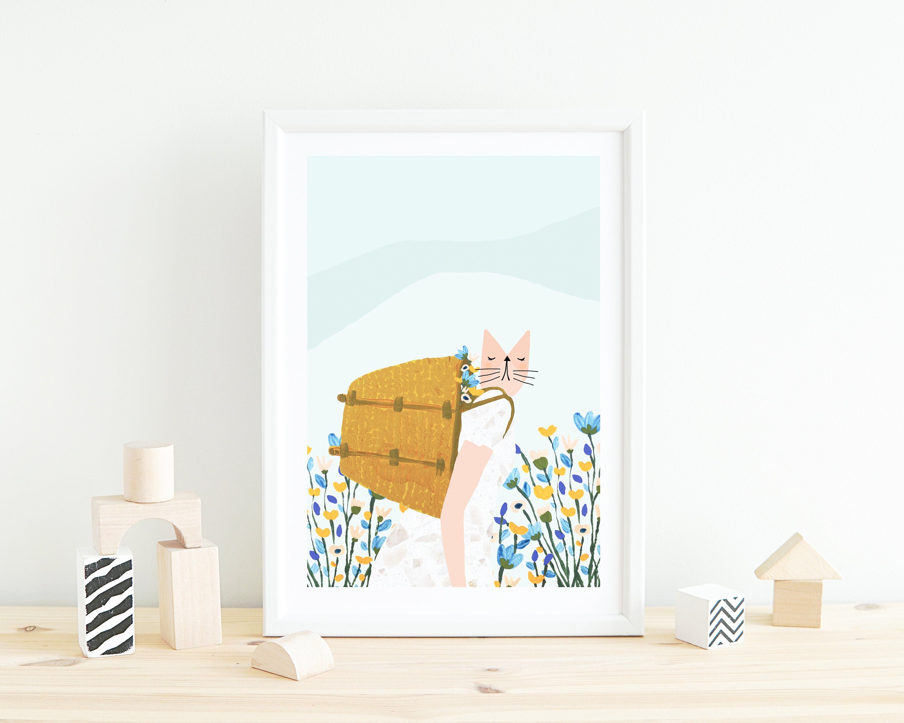 Wildflower Sky Blue Cat Art Print Nursery Decor for Cat - Etsy UK