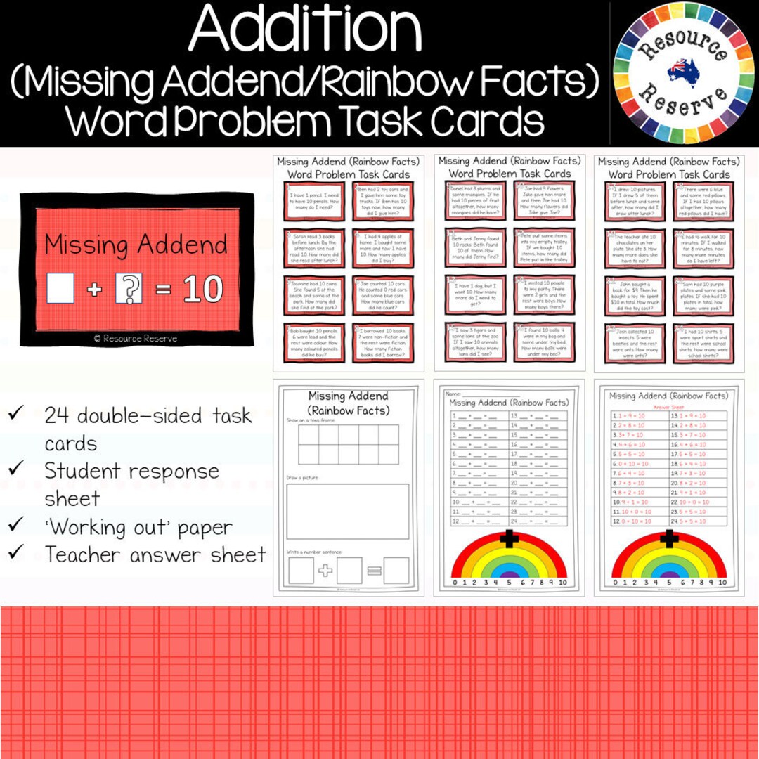 Addition (missing Addend - Rainbow Facts): 24 Word Problem Task Cards ...