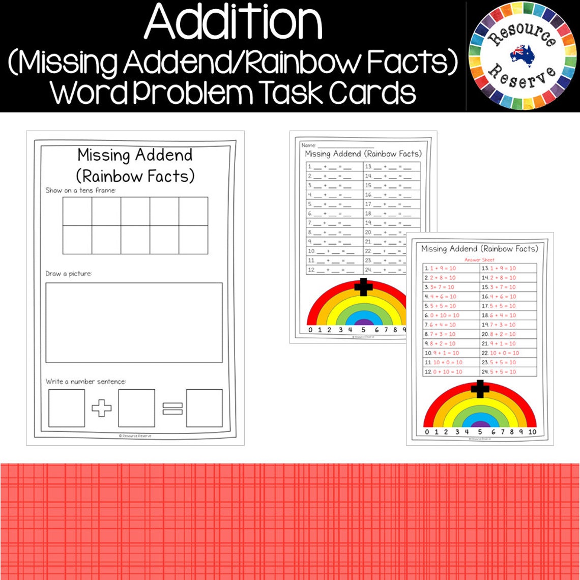 Addition (missing Addend - Rainbow Facts): 24 Word Problem Task Cards ...