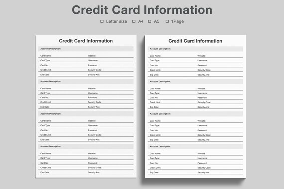 Credit Card InformationBank Account InformationCredit Card | Etsy