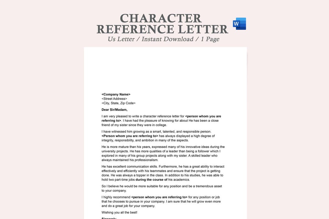 Character Reference Letter,character Reference Template,character ...