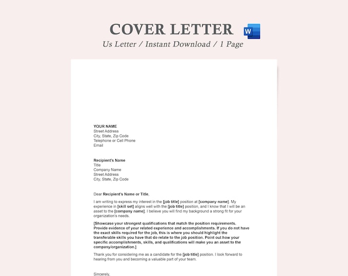 Cover Letter Word, Cover Letter Template, Editable Cover Letter, Cover ...