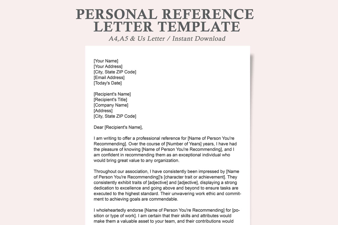 Personal Reference Letter,professional Reference Letter,template for ...