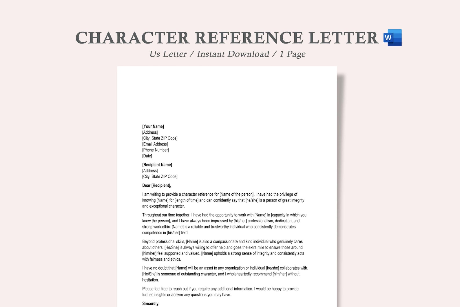 Character Reference Letter,character Reference Template,personal ...
