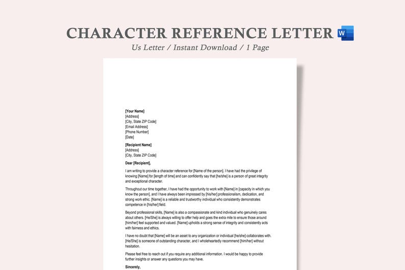 Character Reference Letter,character Reference Template,personal ...