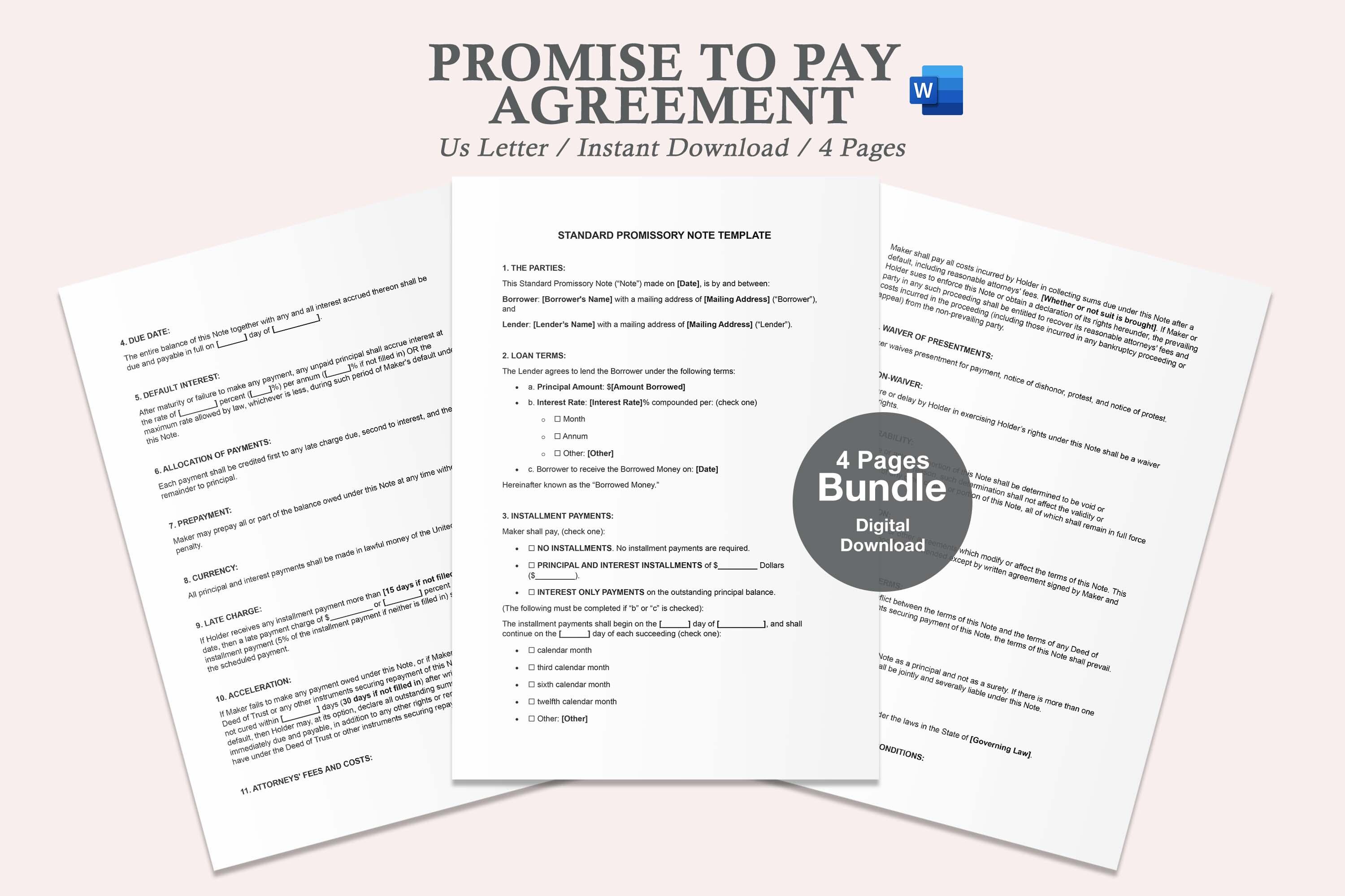 Standard Promissory Note,promissory Note,promise to Pay Agreement ...