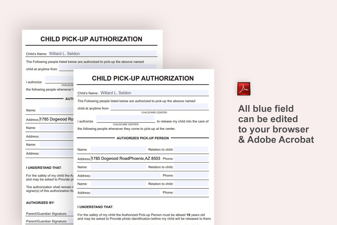 Child Pick-up Form,daycare Forms,daycare Provider,childcare Forms,child ...