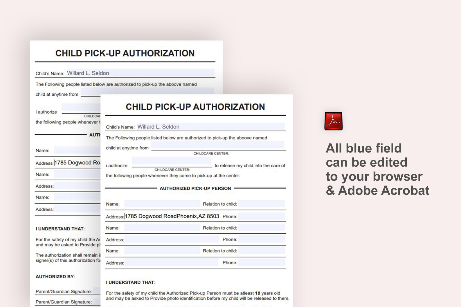 Child Pick-up Form,daycare Forms,daycare Provider,childcare Forms,child ...