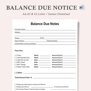 Balance Due Form,balance Due Notice,daycare Payment Form - Etsy