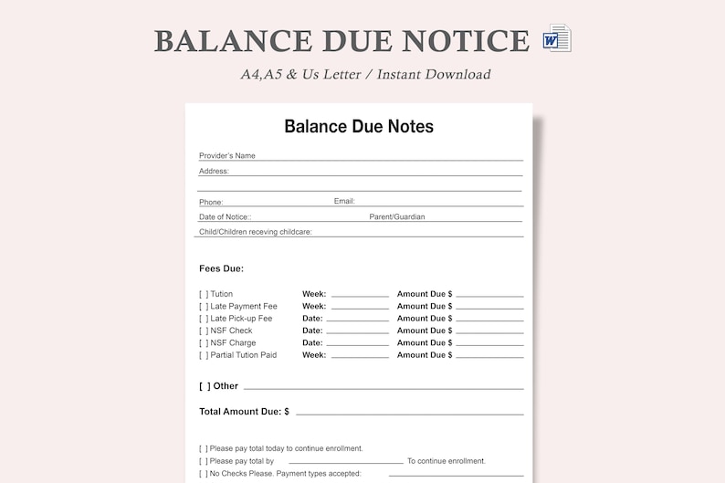 Balance Due Form,balance Due Notice,daycare Payment Form - Etsy