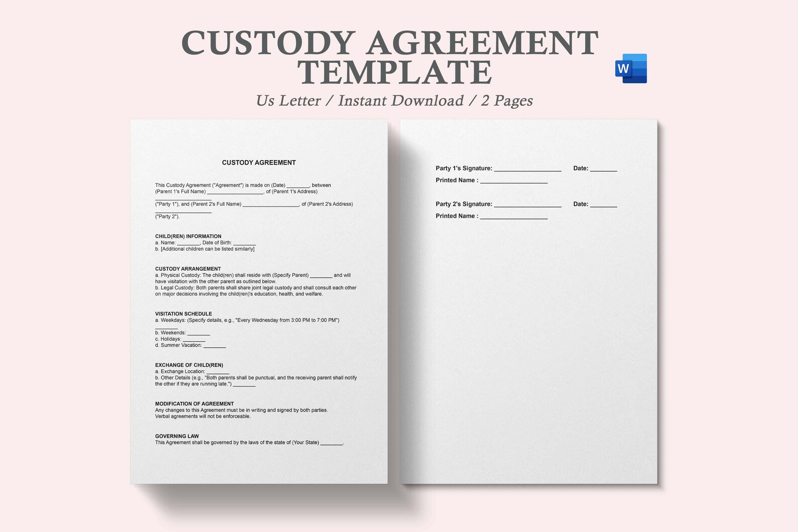 Custody Agreement Template,sample Custody Agreement Template,standard ...