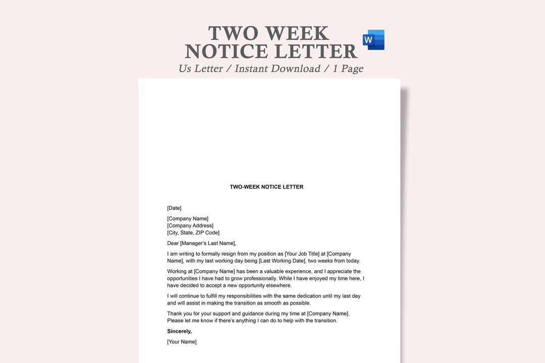 Two Weeks Notice Letter,two Weeks Notice Template,2 Week Notice Letter ...